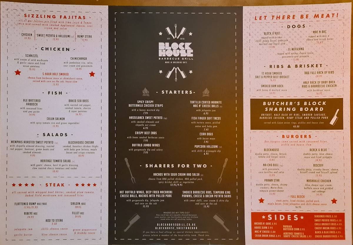 Menu at Blockhouse at The Sheet Anchor pub & bar, Whitmore, Newcastle Road