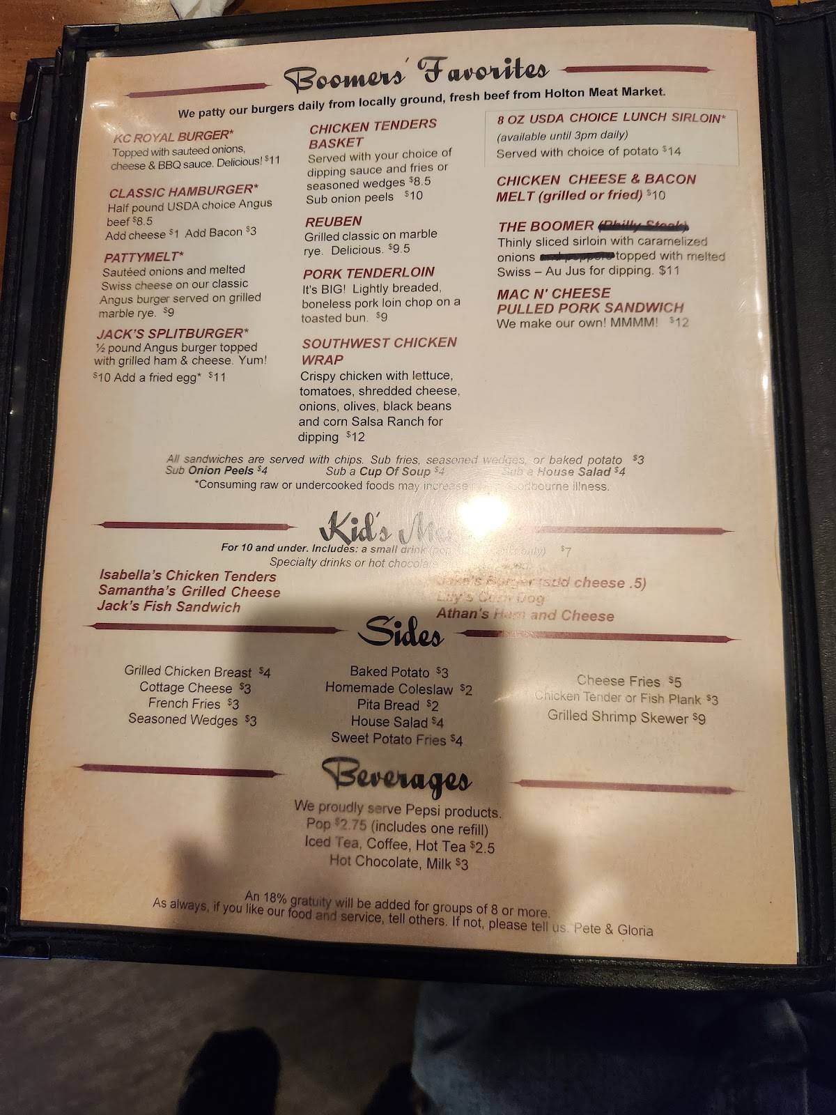 Menu at Boomers Grill pub & bar, Holton