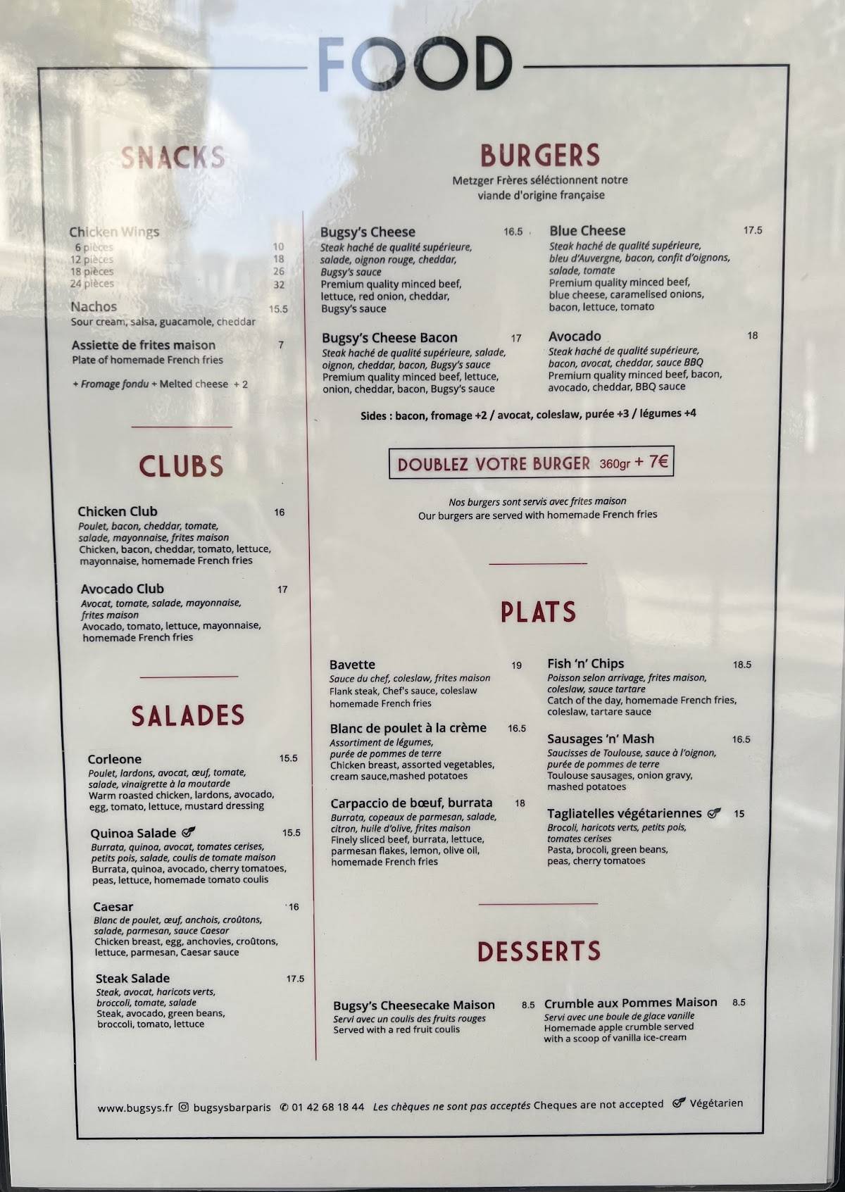 Menu at Bugsy's pub & bar, Paris
