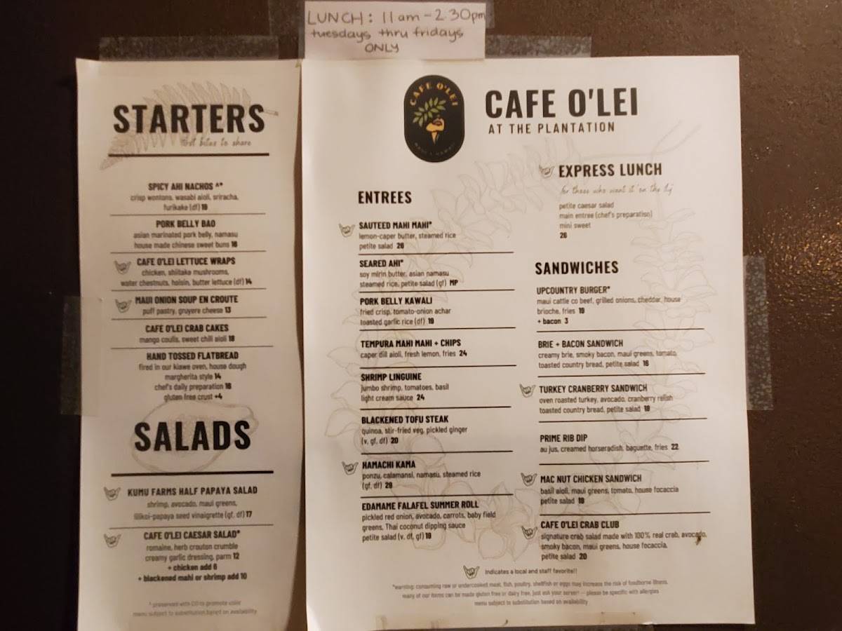 Menu at Cafe O'Lei at the Plantation, Wailuku, HI-30