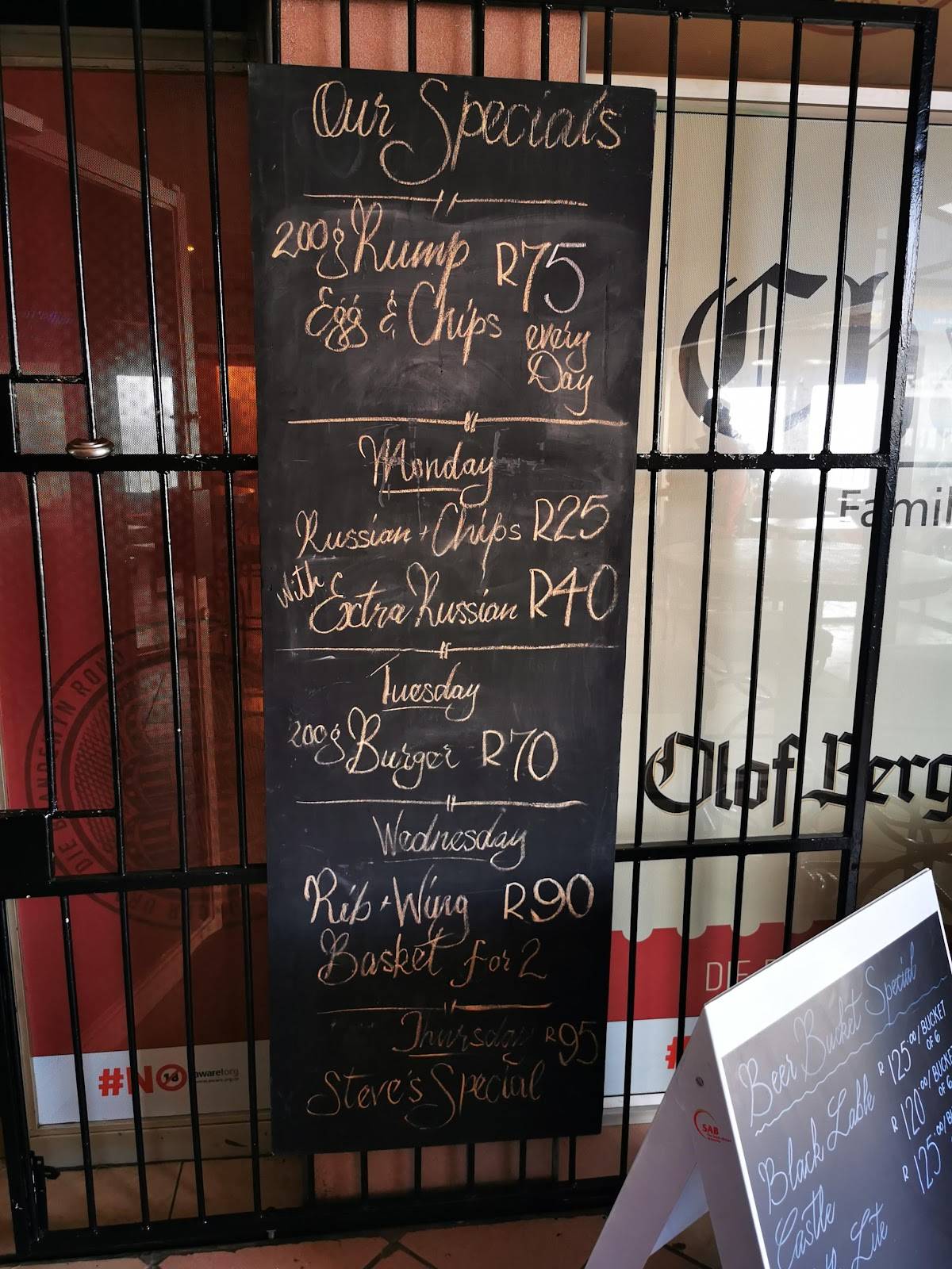 Menu at Chatters Pub, Krugersdorp