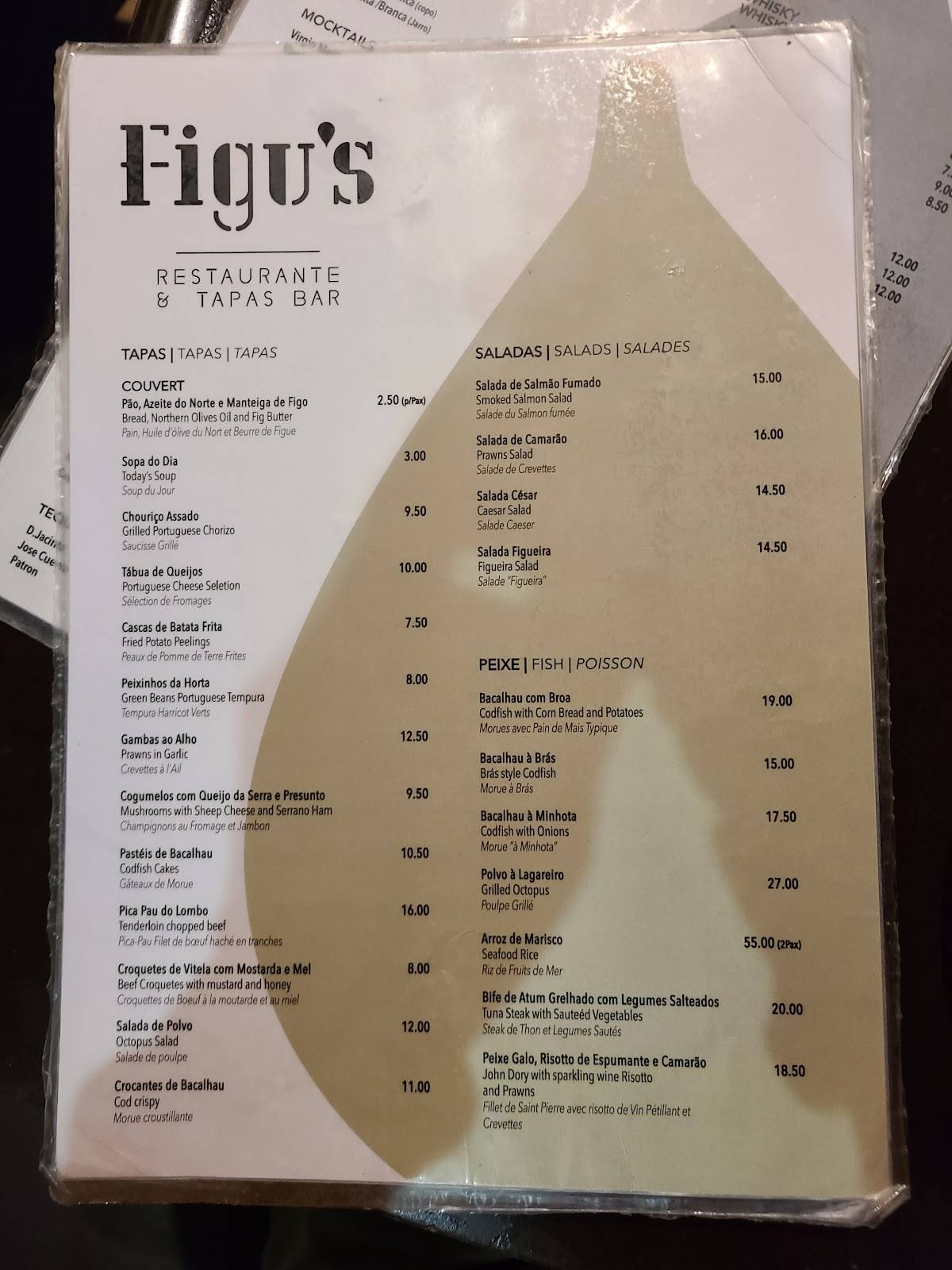 Menu at Figus pub & bar, Lisbon