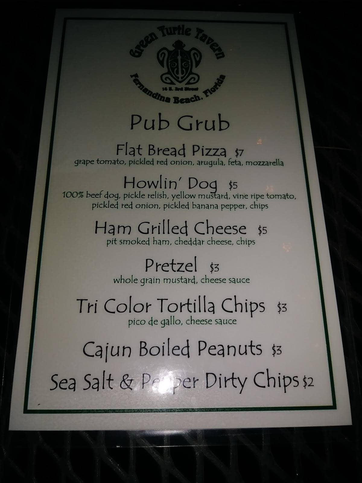 Menu at Green Turtle Tavern pub & bar, Fernandina Beach