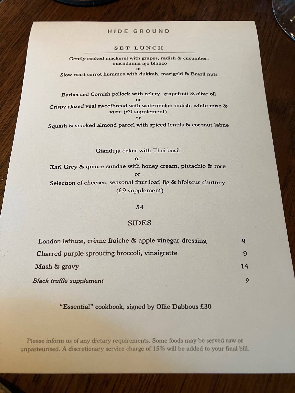 Menu at HIDE pub & bar, London, 85 Piccadilly