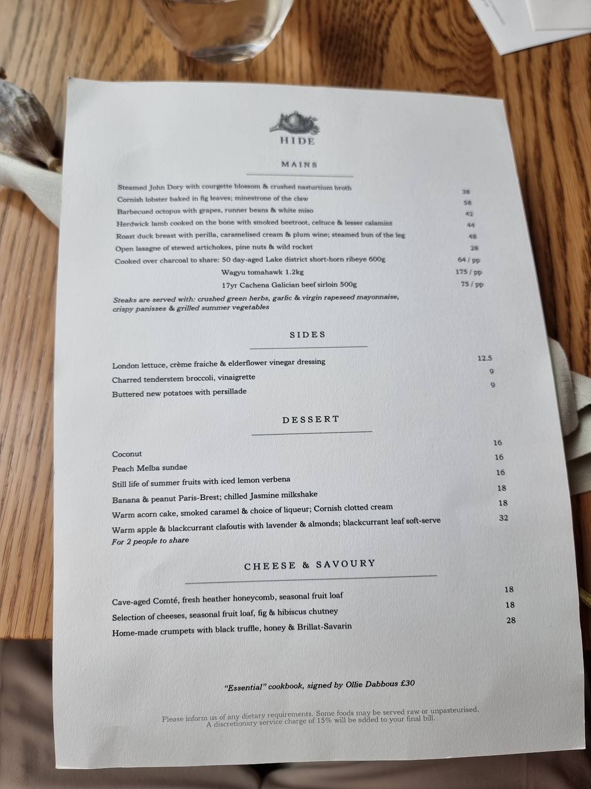 Menu at HIDE pub & bar, London, 85 Piccadilly