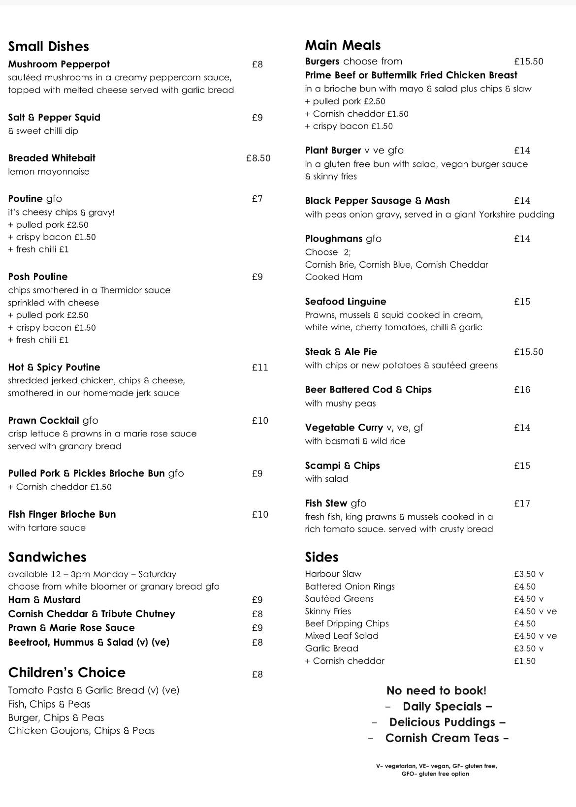 Menu at Harbour Inn, Padstow pub & bar, Padstow