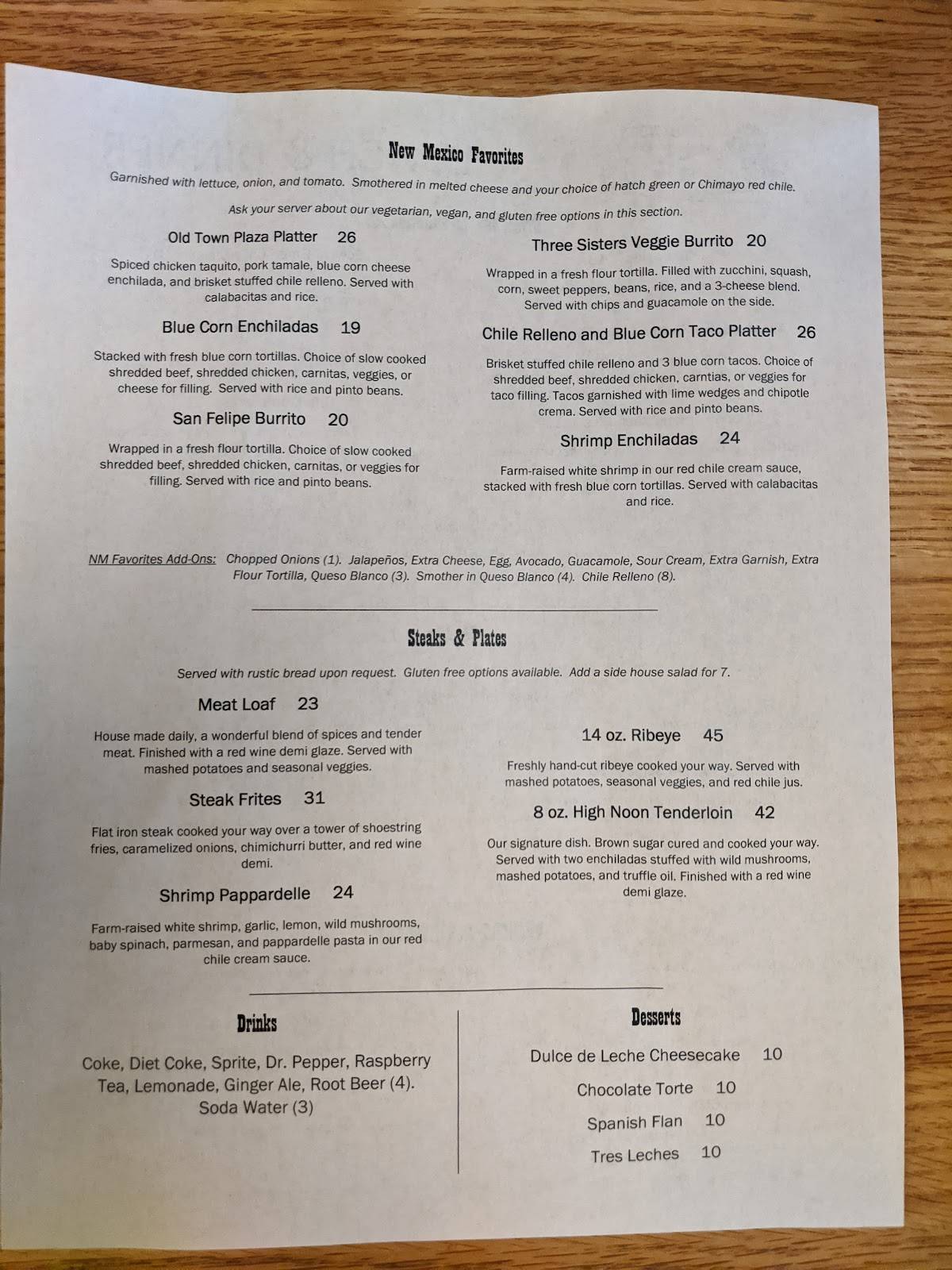 Menu at High Noon Restaurant & Saloon, Albuquerque