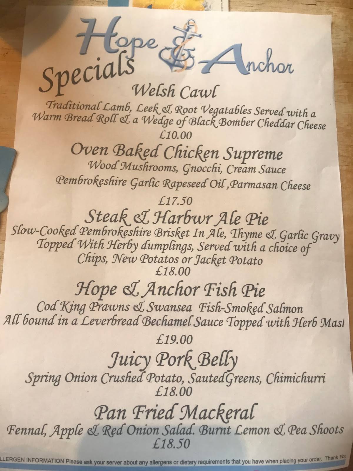 Menu at Hope & Anchor pub & bar, Tenby