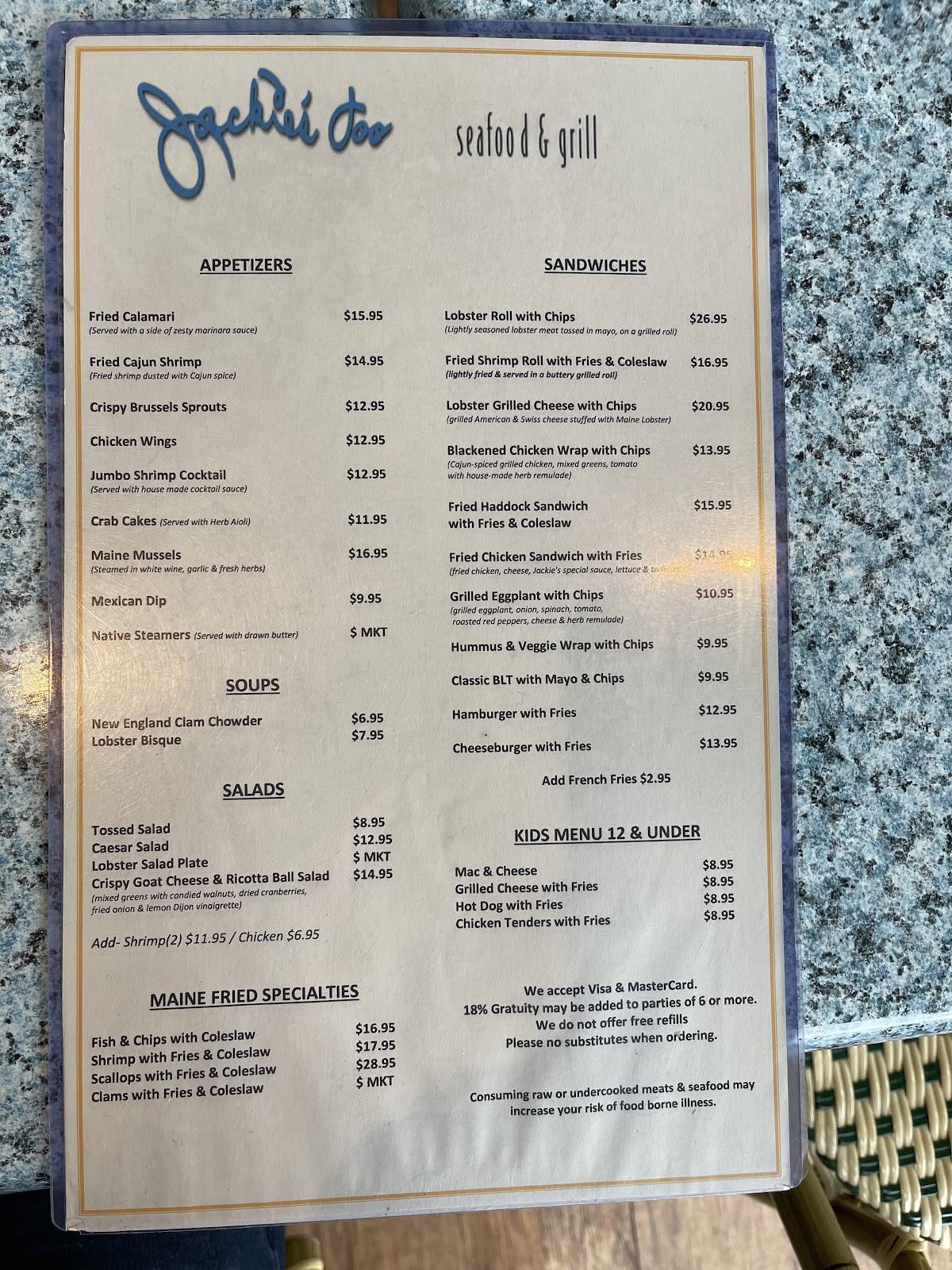 Menu at Jackie's Too pub & bar, Ogunquit, 91 Perkins Cove Rd