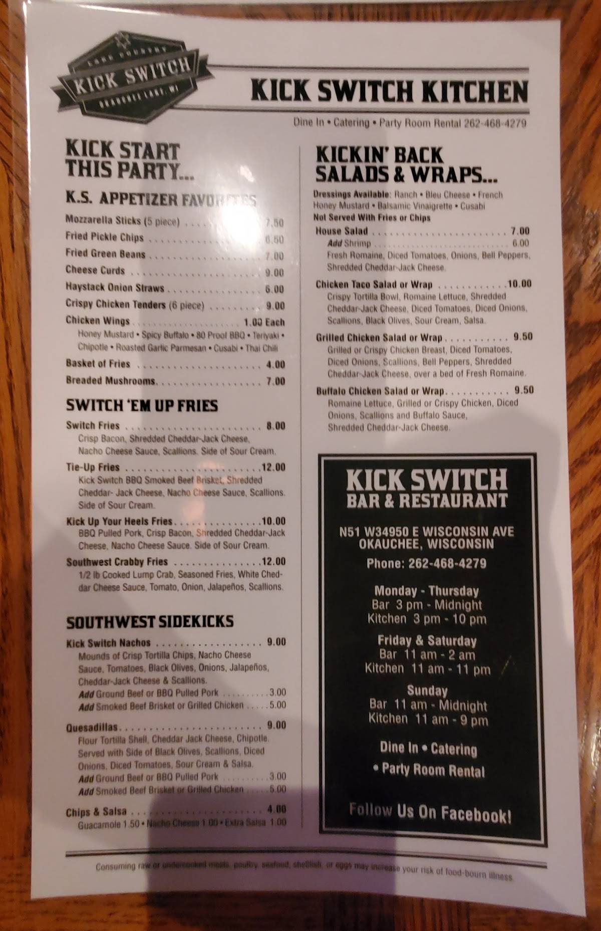 Menu at Kick Switch Bar And Grill, Okauchee Lake