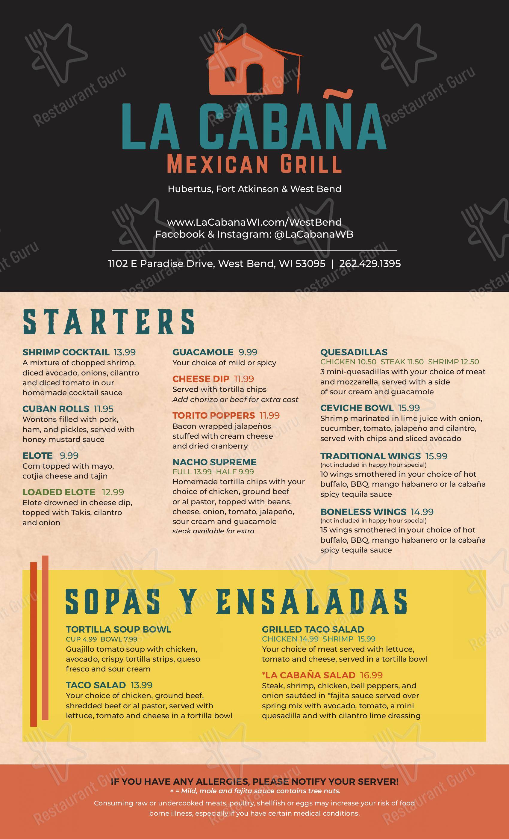 Menu at Cabana Mexican Cantina restaurant, West Bend