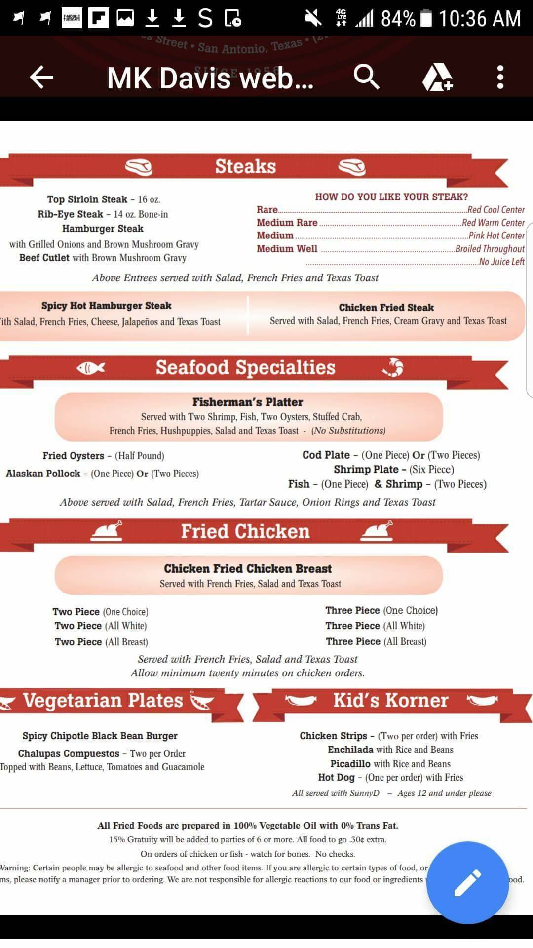 Menu at M.K. Davis Restaurant, San Antonio