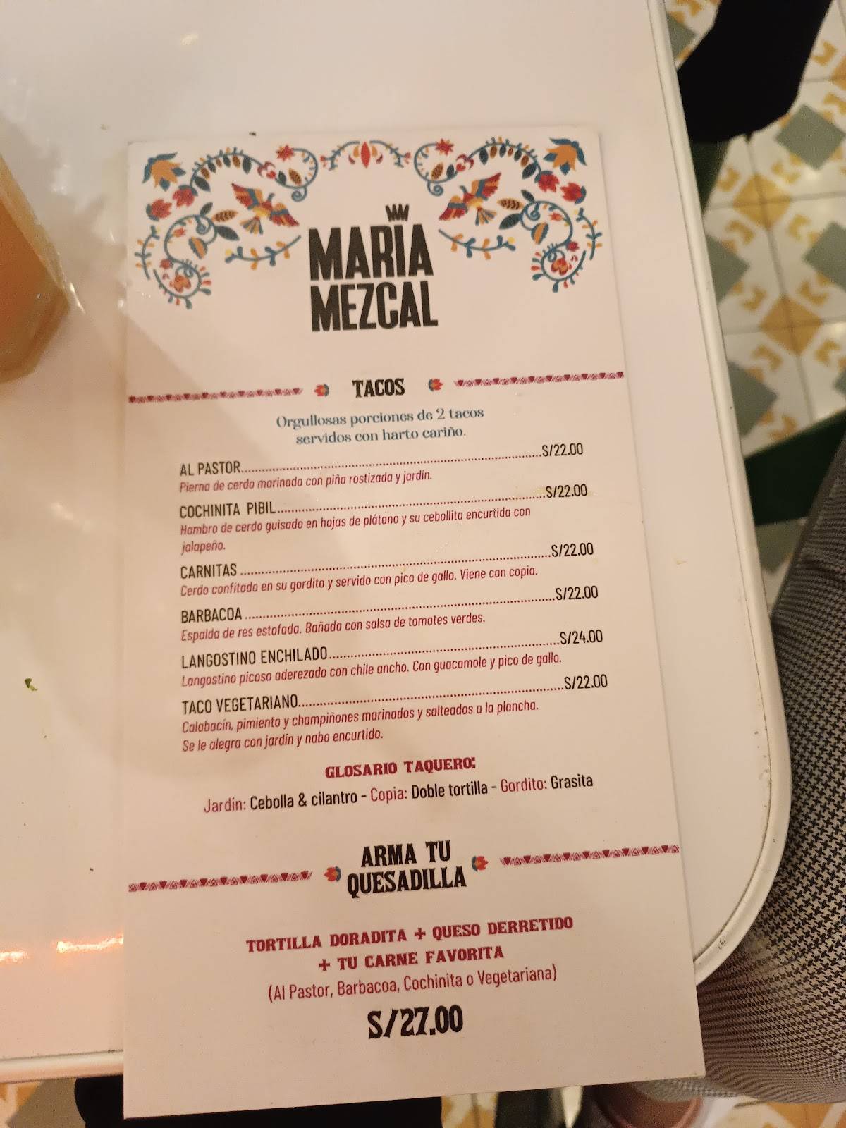 Carta del pub y bar Maria Mezcal, Miraflores