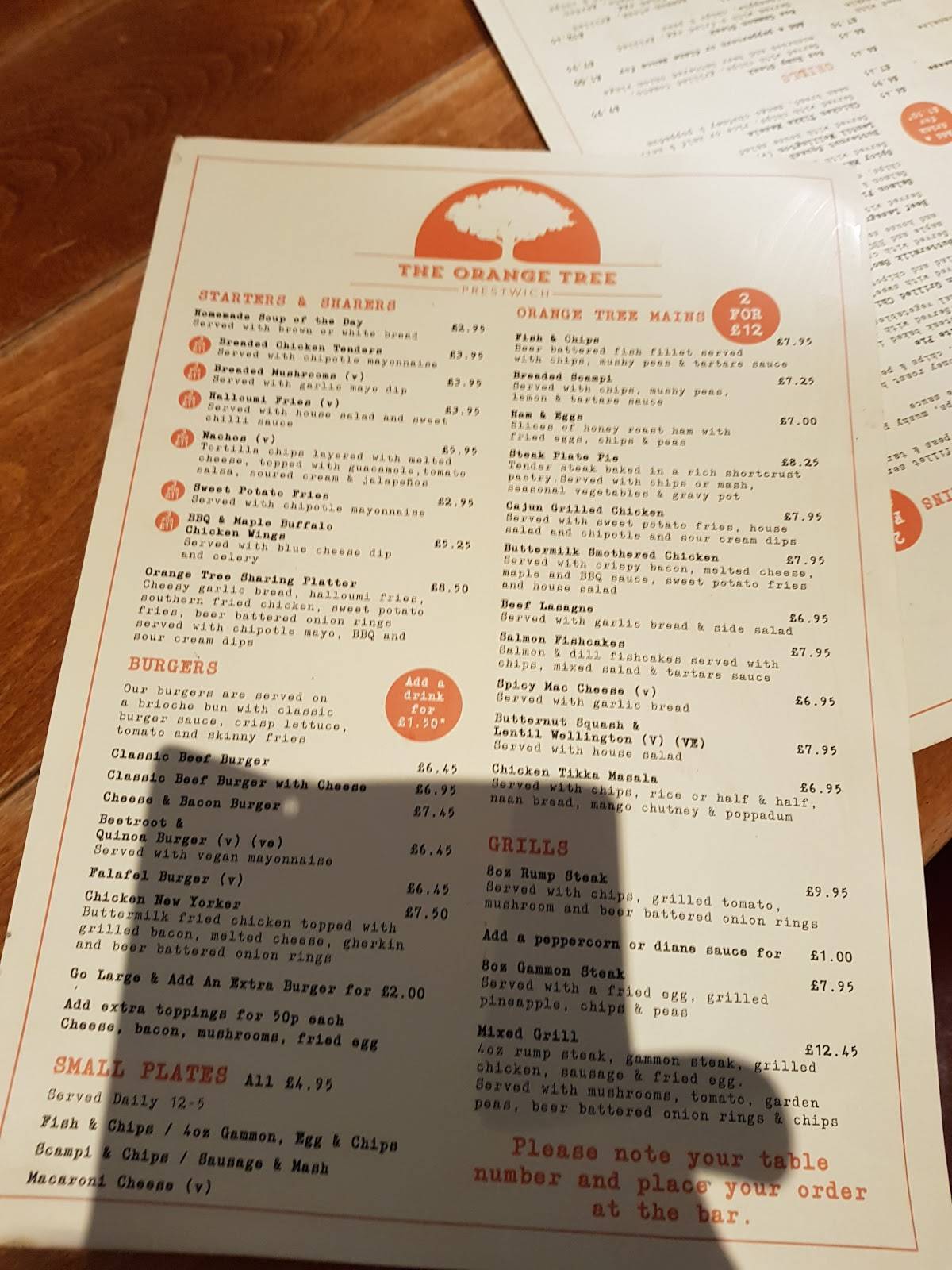 Menu at Orange Tree pub & bar, Manchester