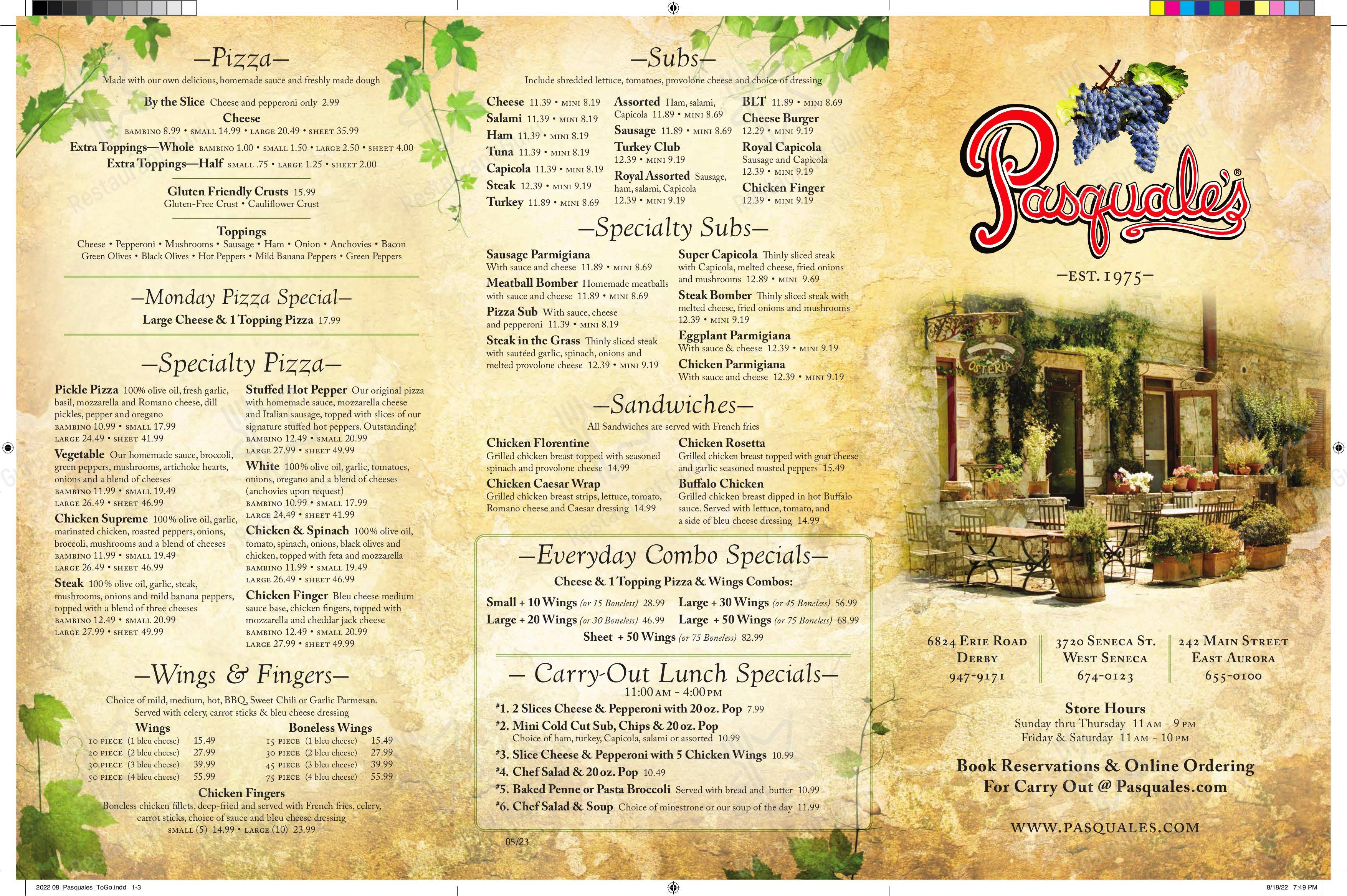 Menu at Pasquale's Italian Restaurant, Buffalo, Seneca St