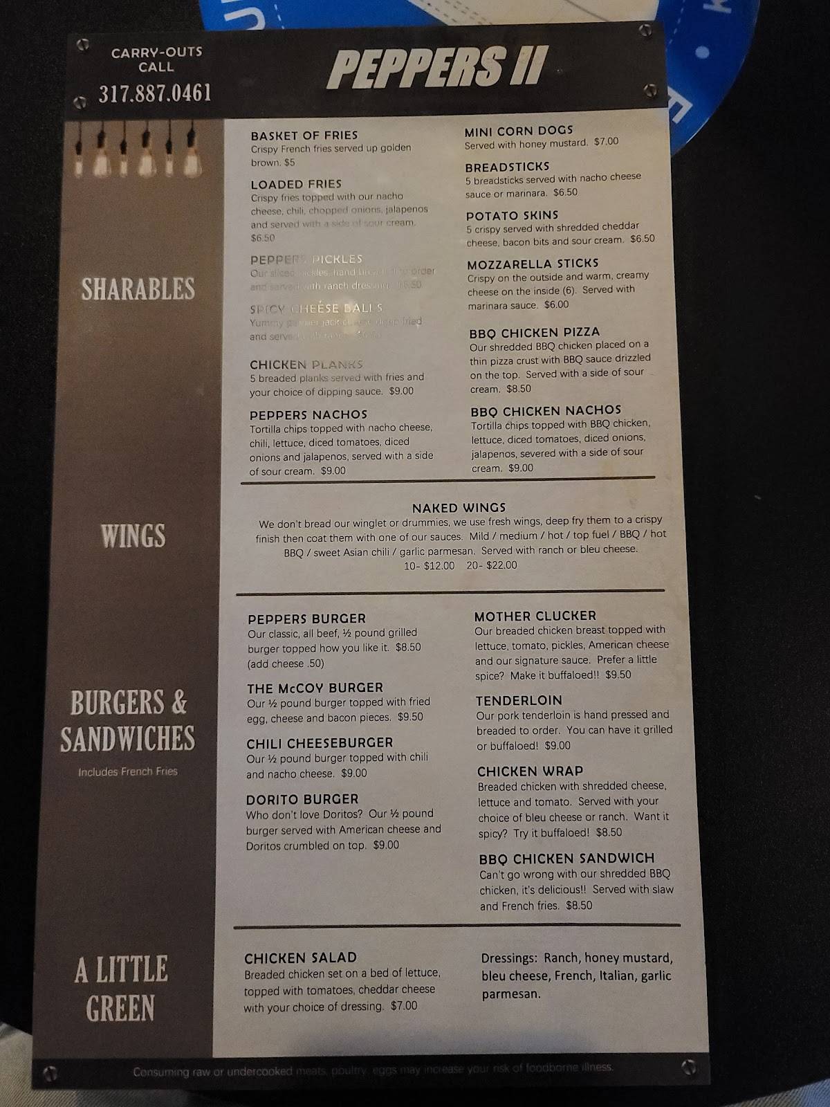 Menu at Peppers pub & bar, Greenwood, 299 S State Rd 135