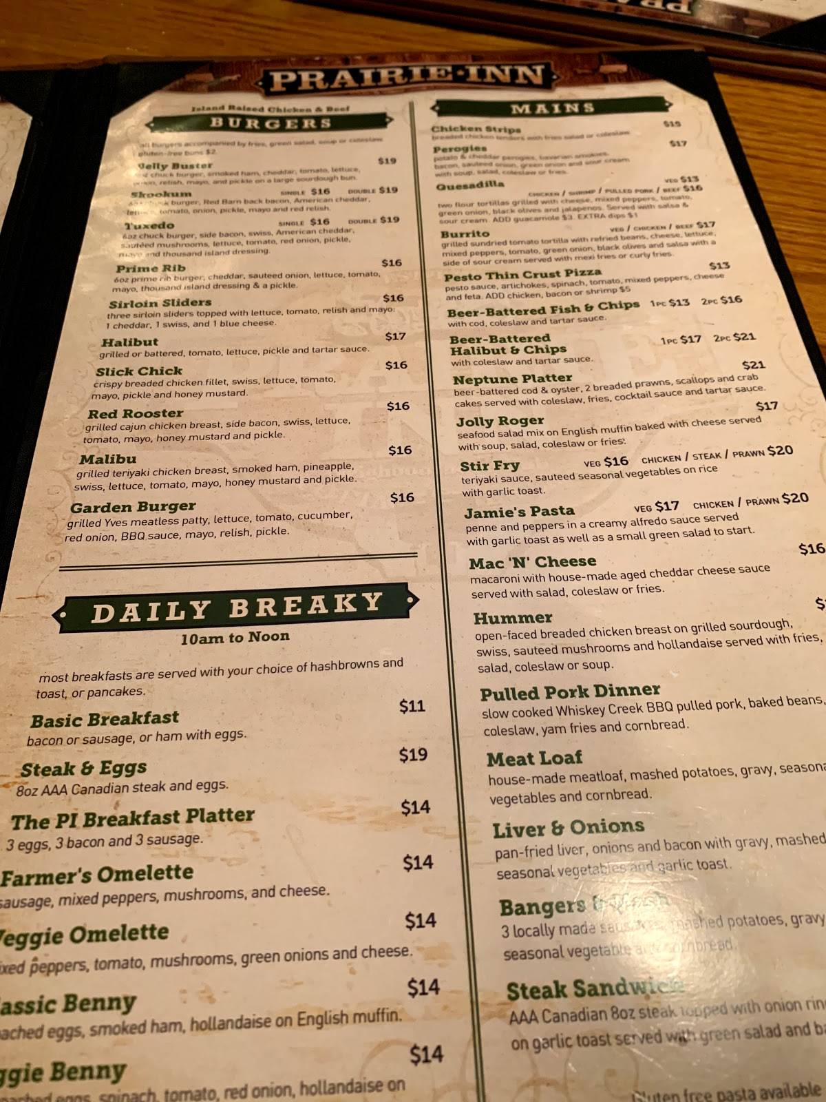 Menu at Prairie Inn Neighbourhood Pub, Saanichton