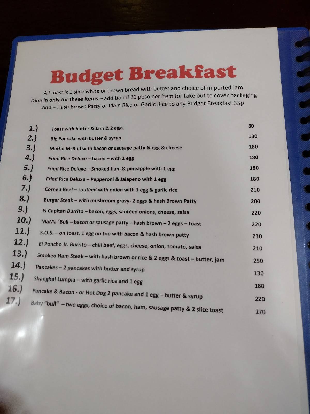 Menu at Sit-n-Bull pub & bar, Olongapo, 58 RH 5 National Hwy