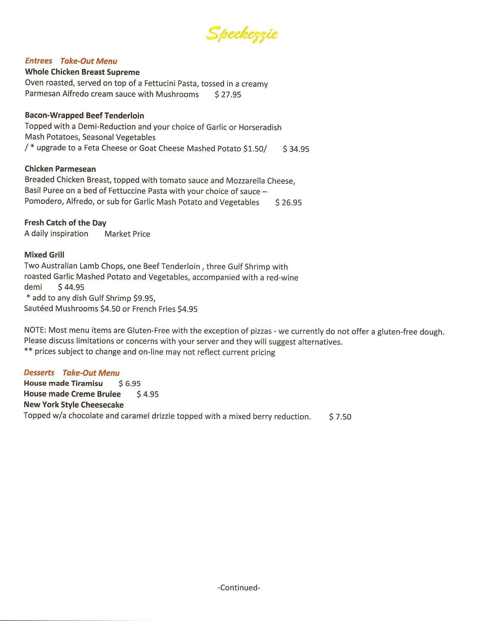Menu at Speekezzies Cafe & Wine Bar, Brantford