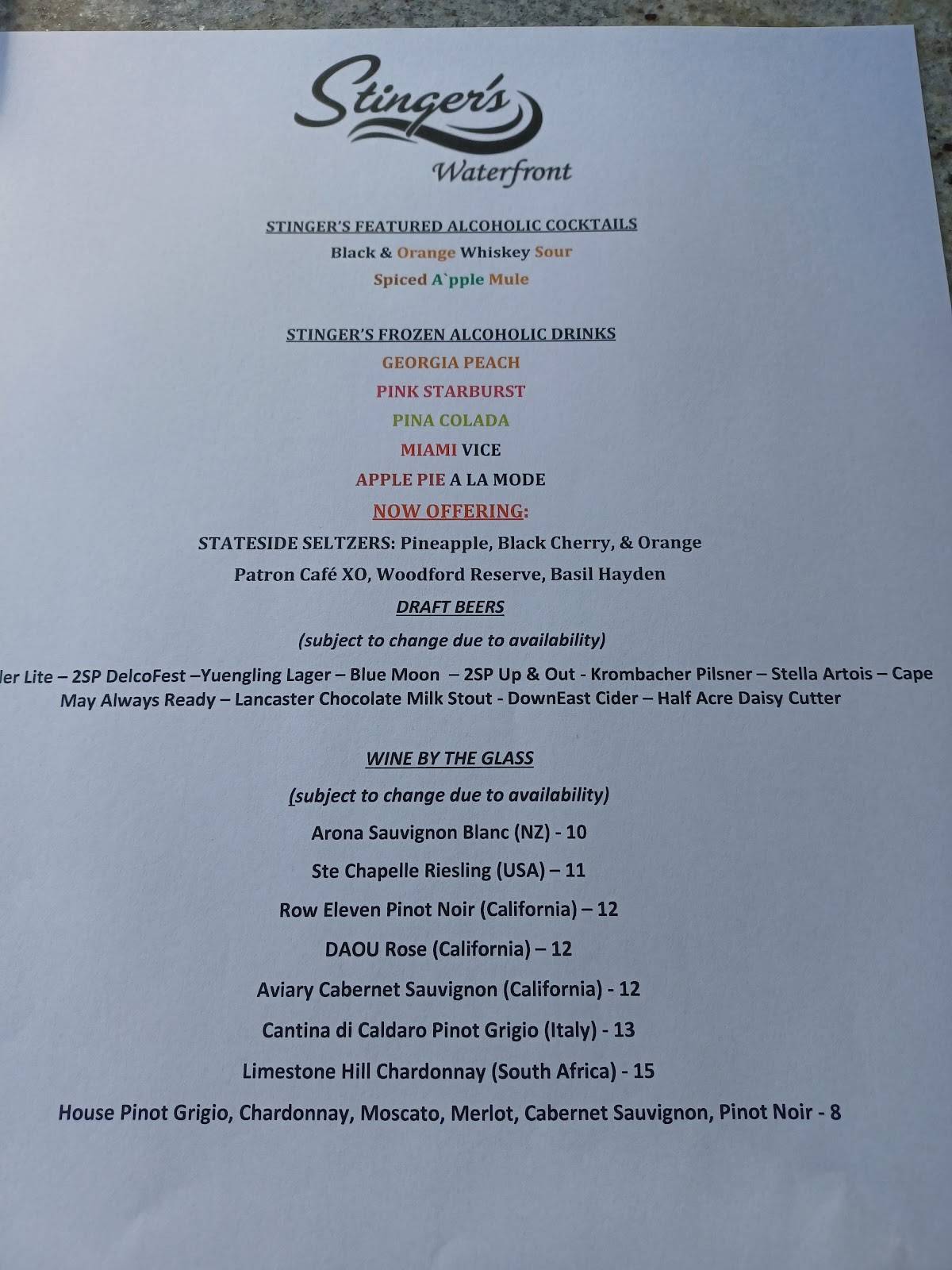 Menu at Stinger's Waterfront pub & bar, Ridley Park