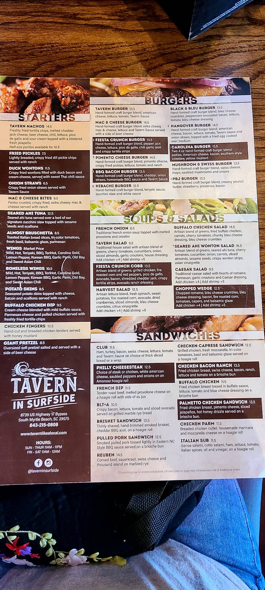 Menu at Tavern In Surfside pub & bar, Myrtle Beach