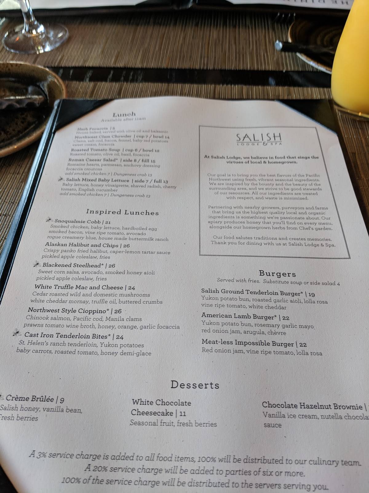 Menu at The Dining Room @ Salish Lodge & Spa pub & bar, Snoqualmie