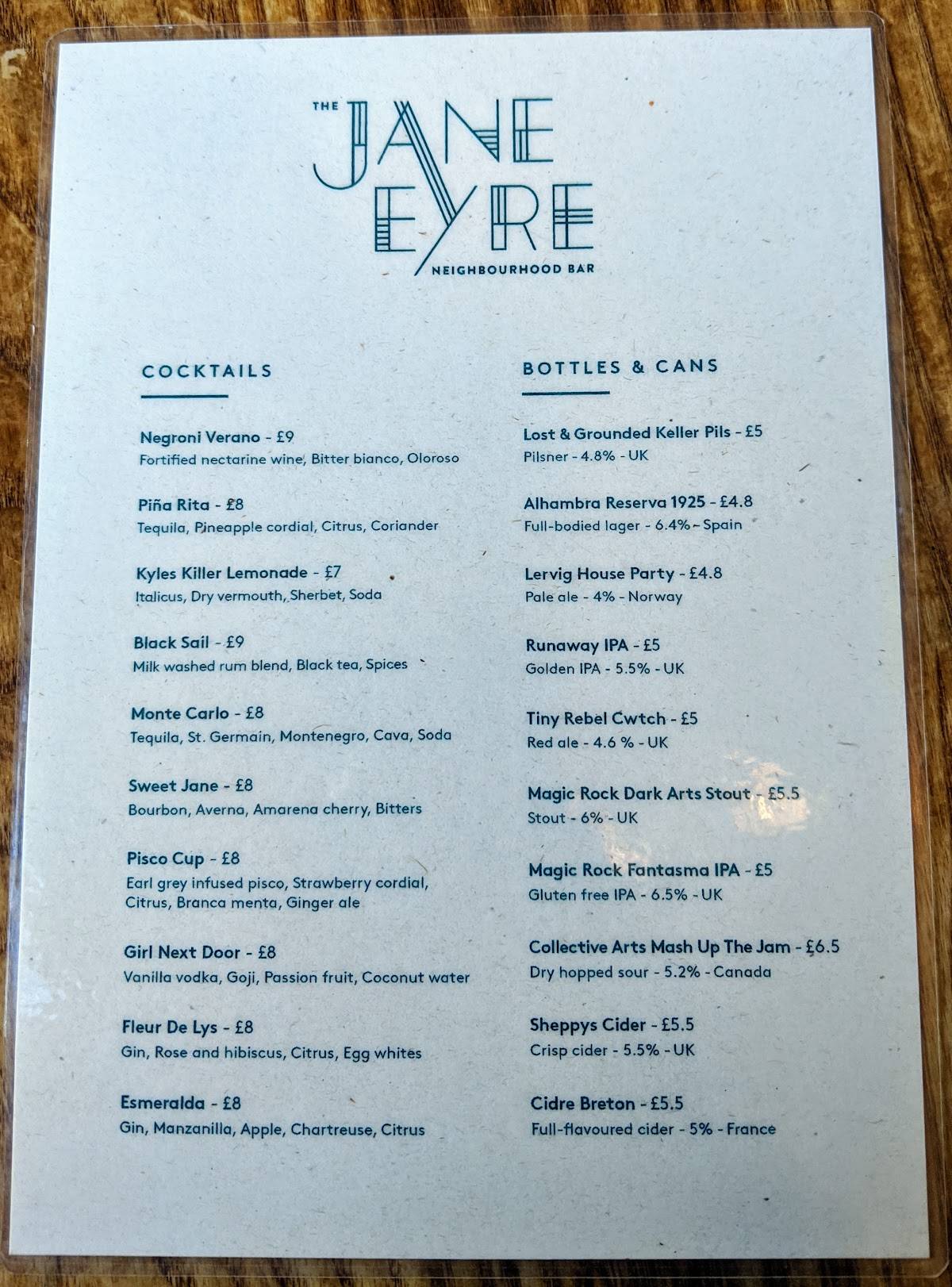 Menu at The Jane Eyre pub & bar, Manchester