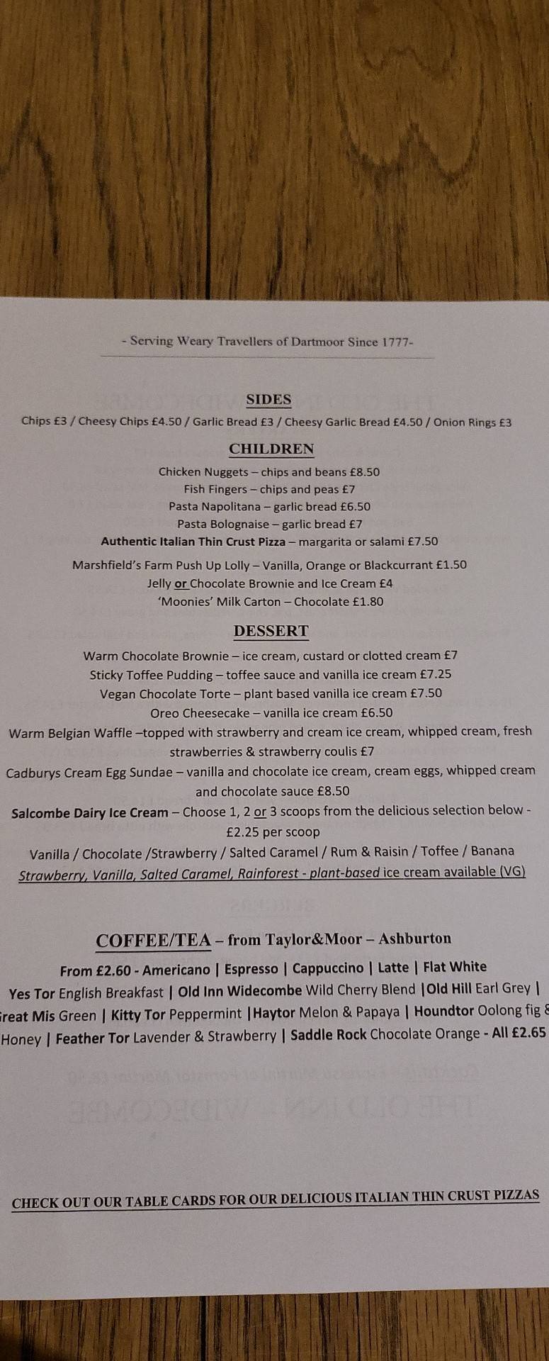 Menu at The Old Inn pub & bar, Widecombe in the Moor