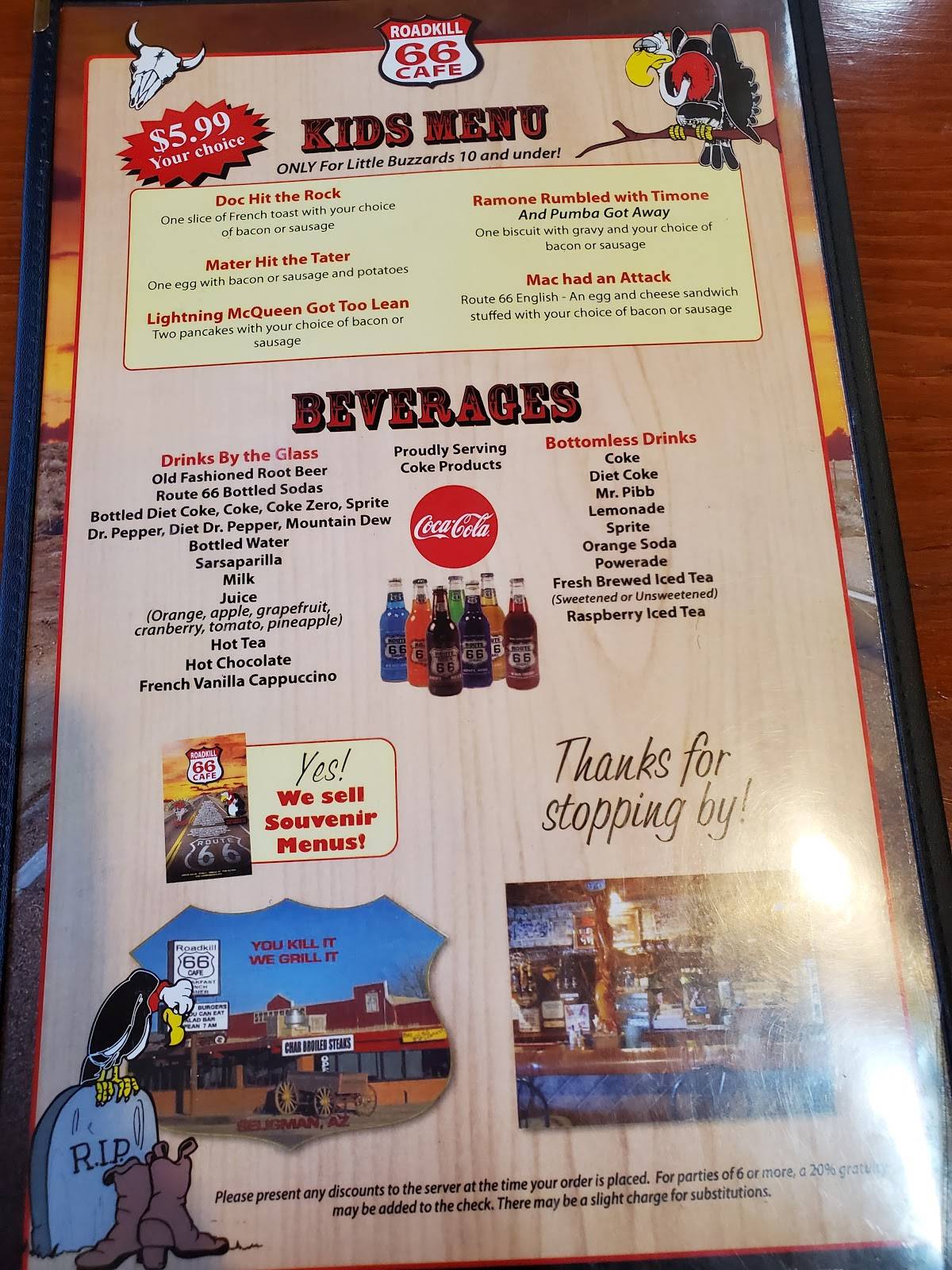 Menu at The Roadkill Cafe/O.K. Saloon, Seligman