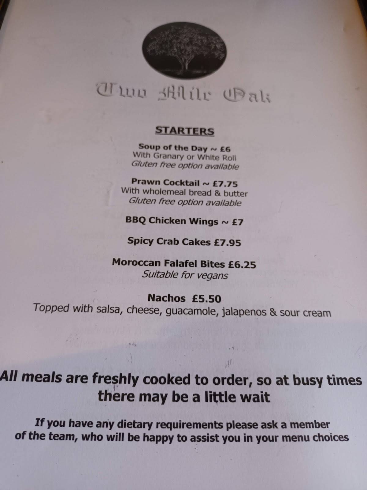 Menu at The Two Mile Oak Inn pub & bar, Newton Abbot