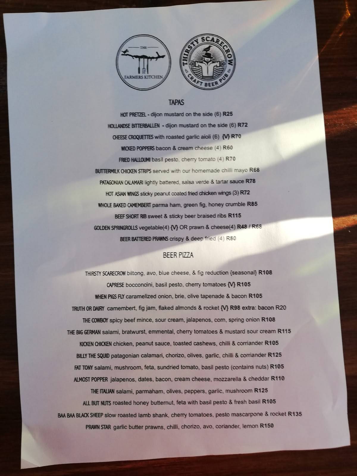 Menu at Thirsty Scarecrow pub & bar, Stellenbosch