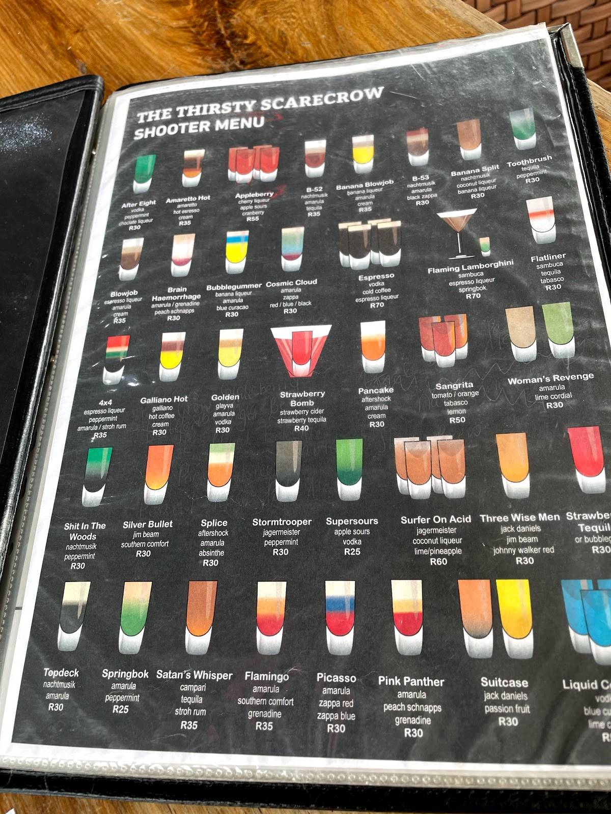 Menu at Thirsty Scarecrow pub & bar, Stellenbosch