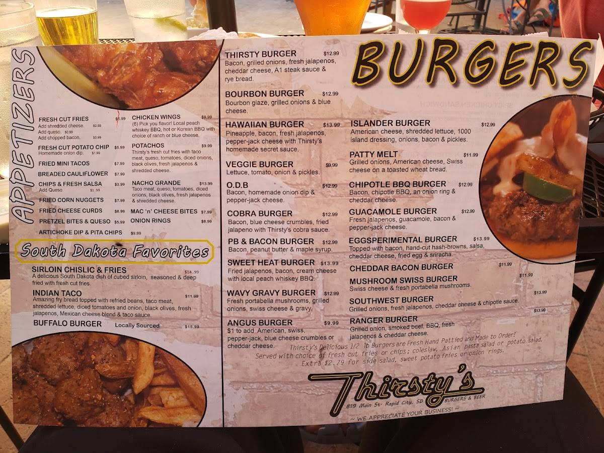 Menu at Thirsty's pub & bar, Rapid City