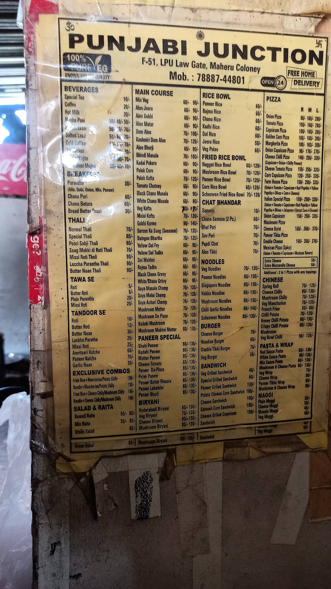 Menu at Punjabi junction, Phagwara