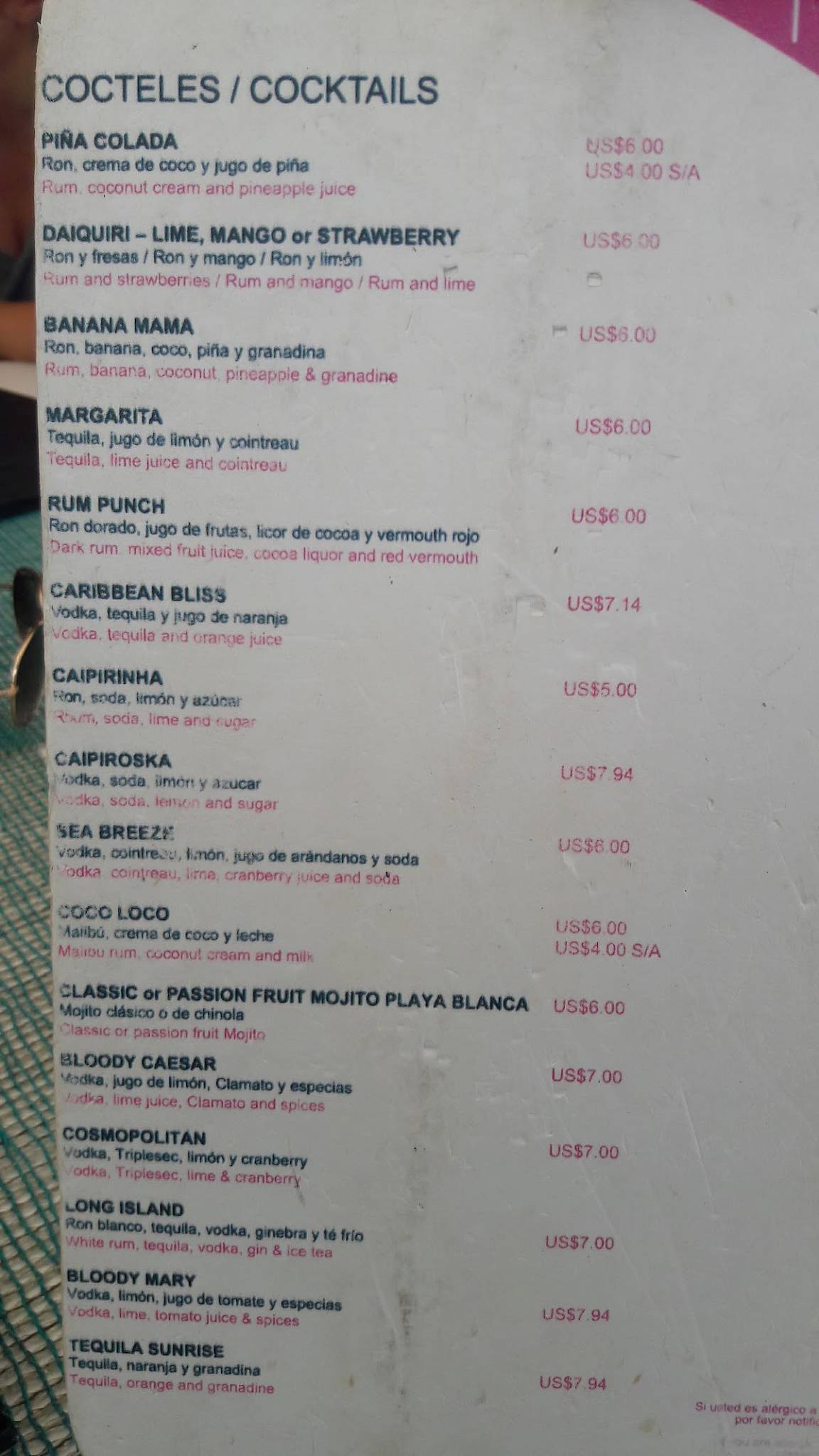 Menu at Arena Beach Club, Punta Cana, GJRW+765