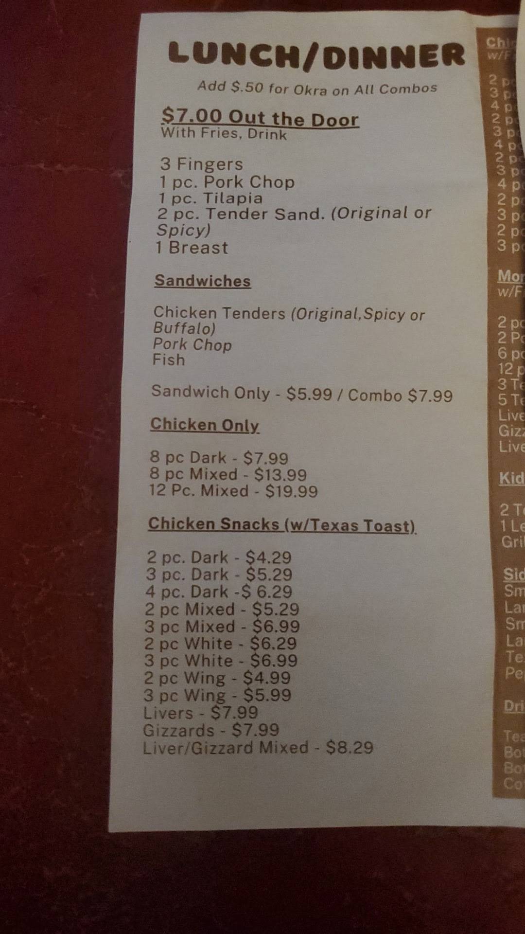 Menu at Pyle's Chicken Delite restaurant, Thomasville