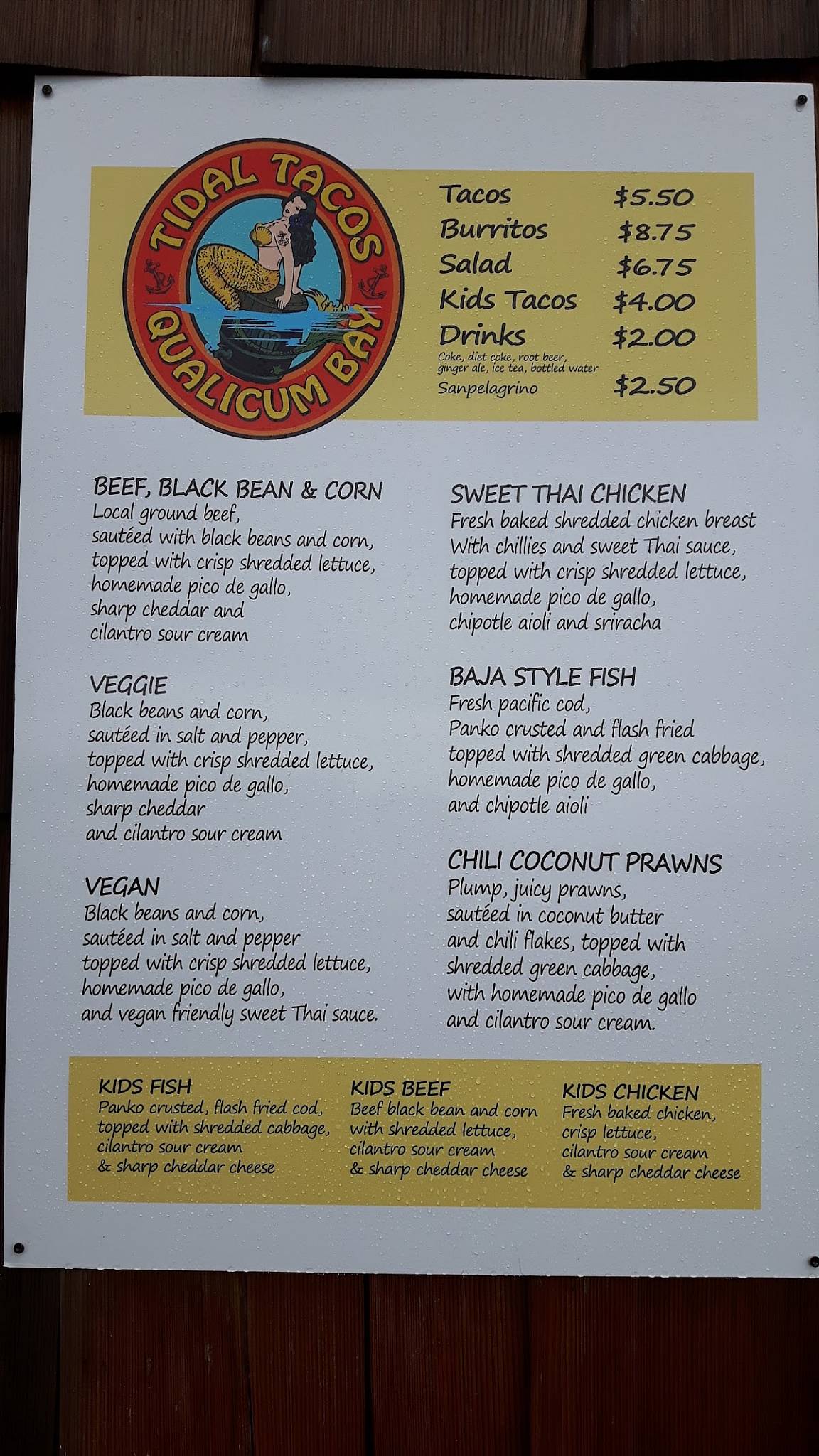Menu at Fanny Bay Tidal Tacos restaurant, Qualicum Bay