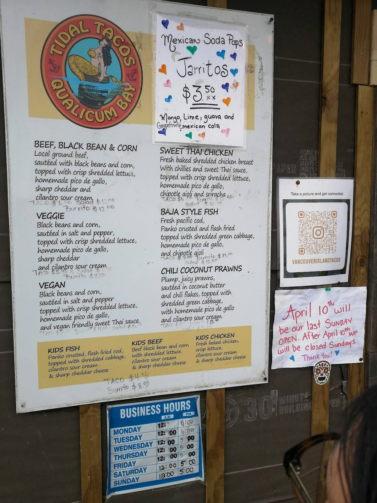 Menu at Fanny Bay Tidal Tacos restaurant, Qualicum Bay