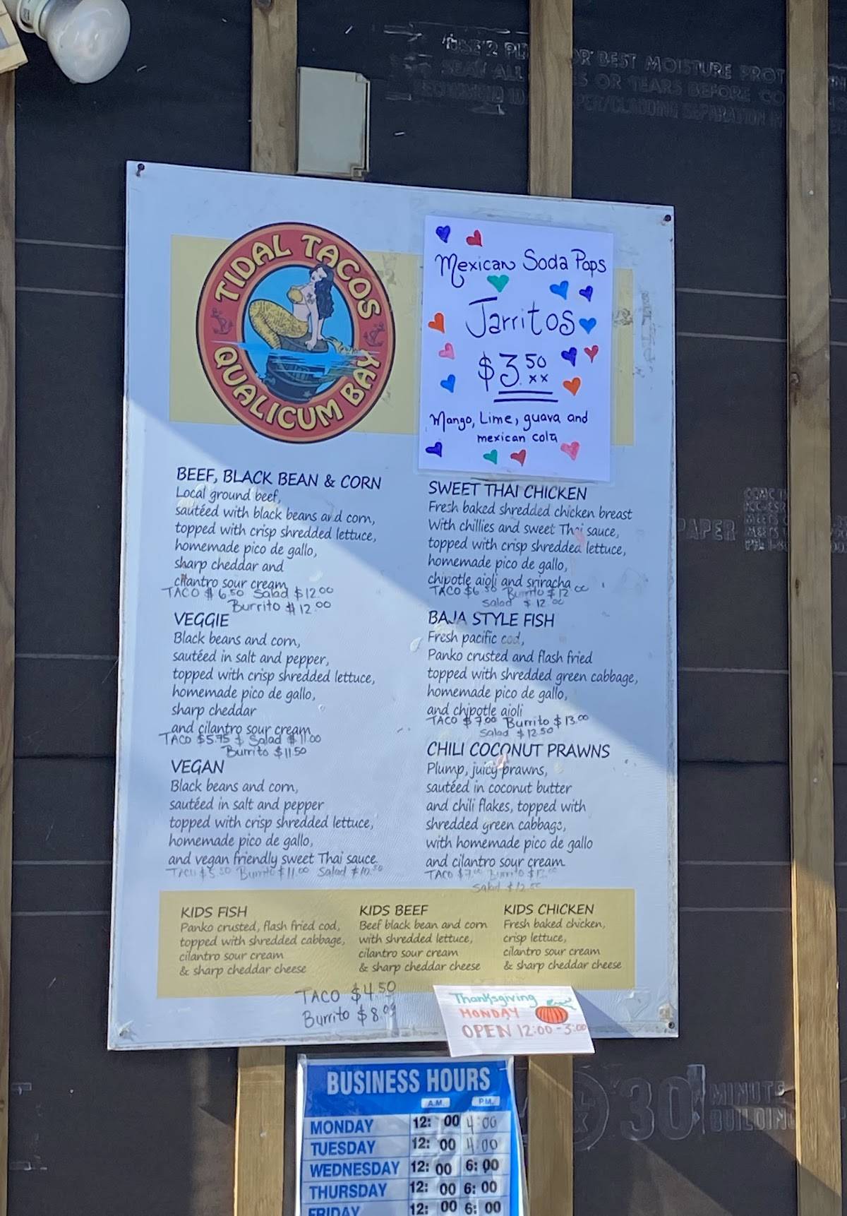 Menu at Fanny Bay Tidal Tacos restaurant, Qualicum Bay