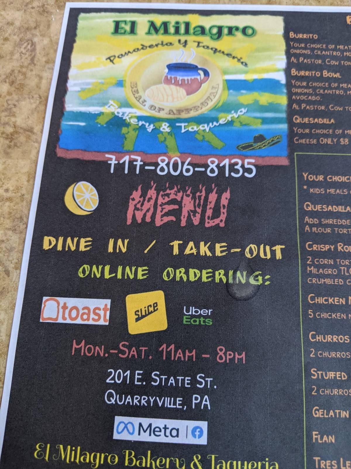 Menu at El Milagro Bakery and Taqueria, Quarryville