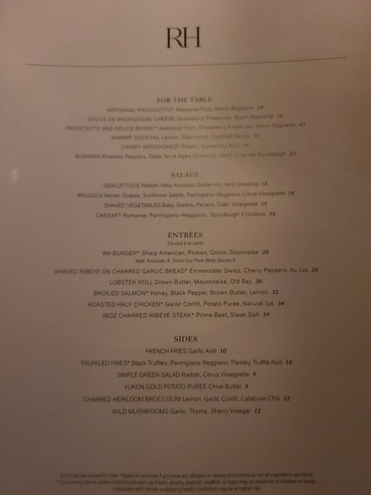 Menu at RH Rooftop Restaurant Minneapolis, Edina
