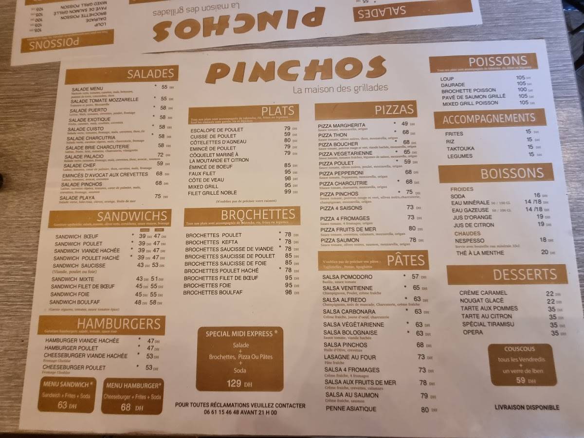Menu au Pinchos restaurant, Rabat, X46M+HFJ