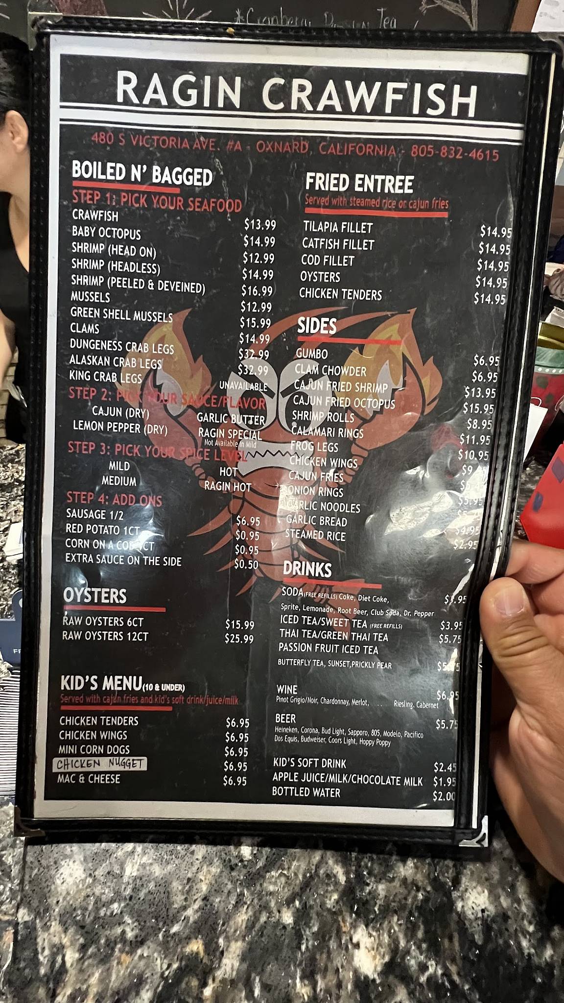 Menu at Ragin Crawfish restaurant, Oxnard