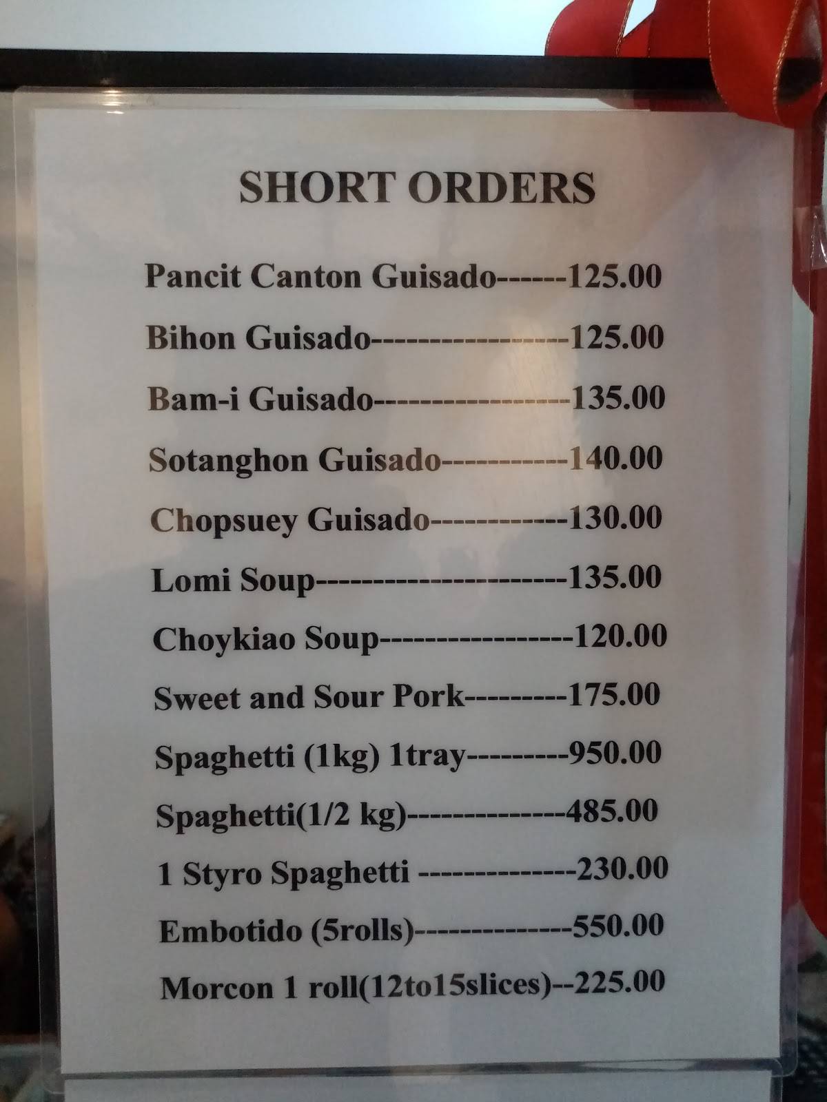 Menu at Rago's Fastfood restaurant, Dumaguete