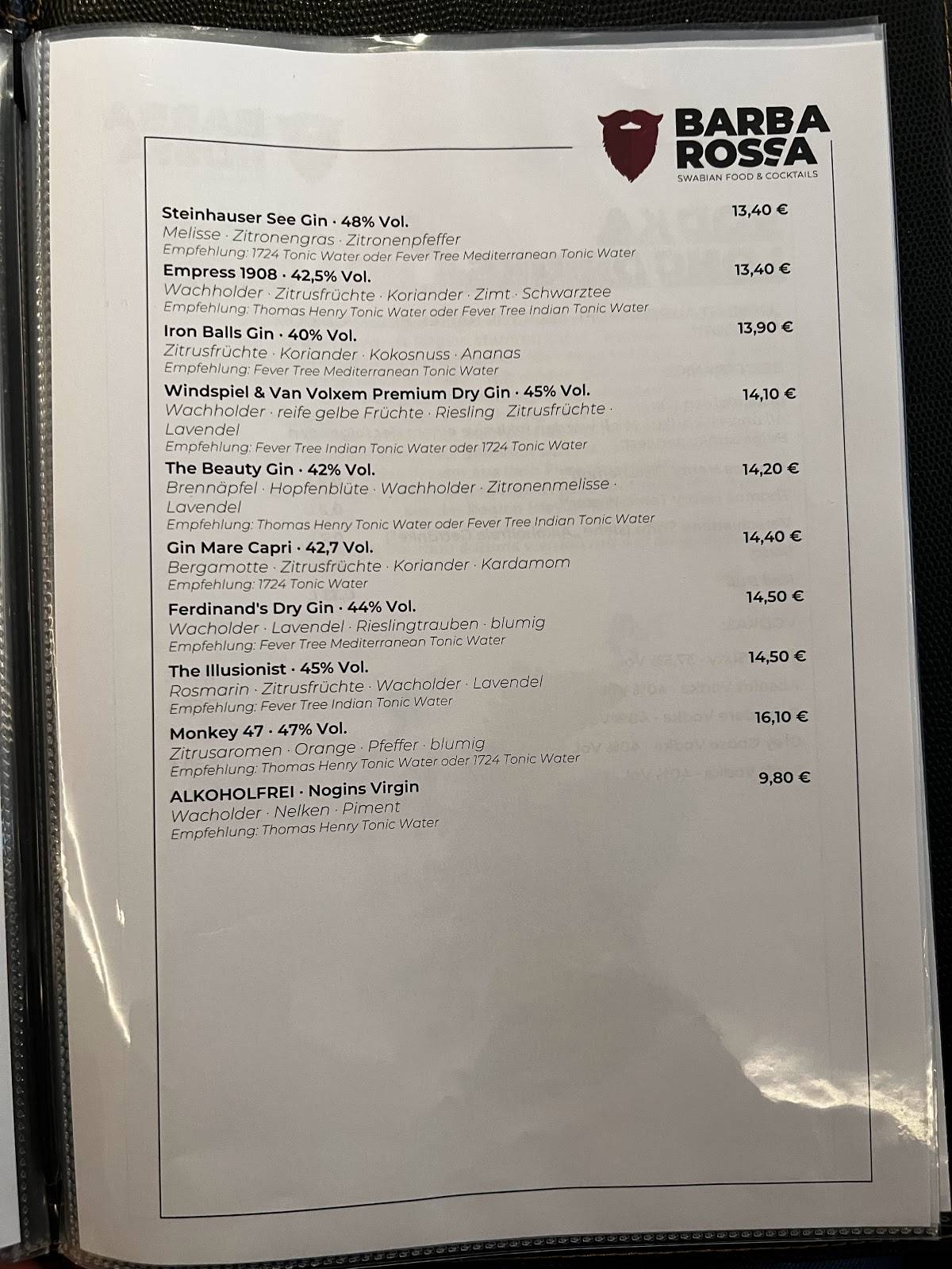 Speisekarte von Barbarossa - Restaurant, Bar, Café, Ravensburg