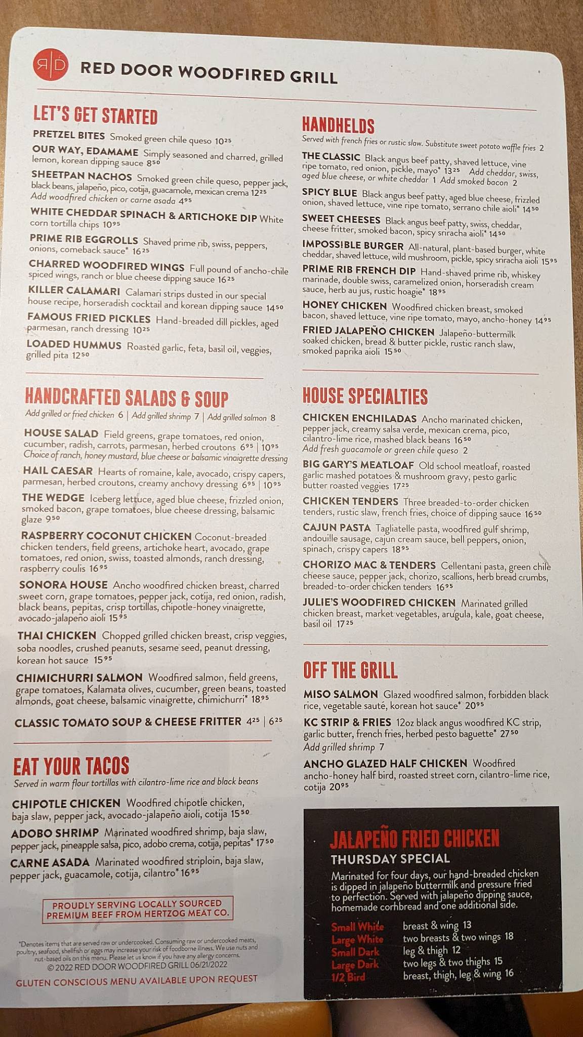 Menu at Red Door Woodfired Grill restaurant, Lenexa