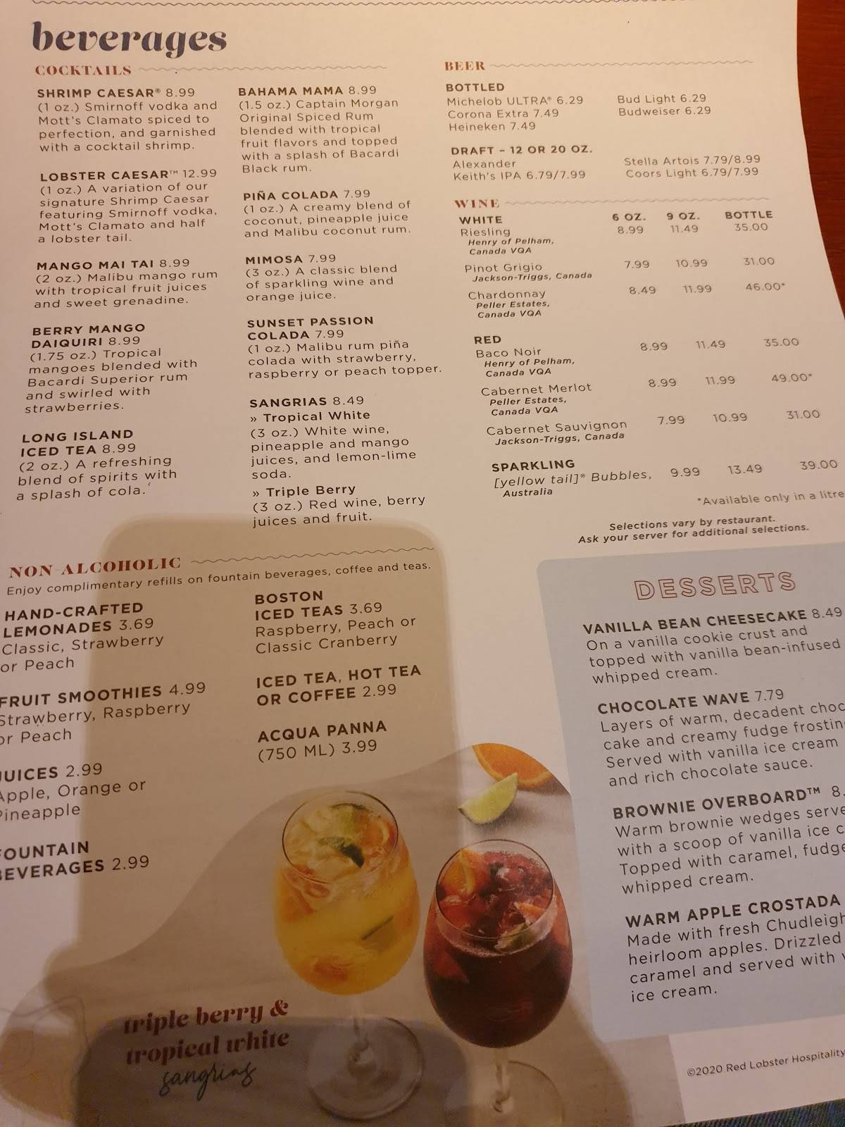 Menu at Red Lobster restaurant, Calgary, Macleod Trail SW