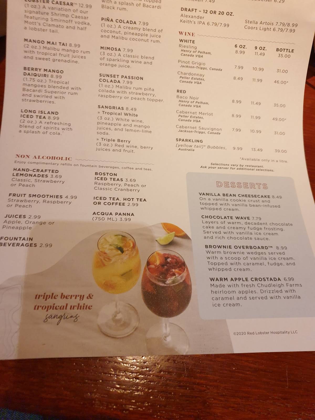 Menu at Red Lobster restaurant, Calgary, Macleod Trail SW