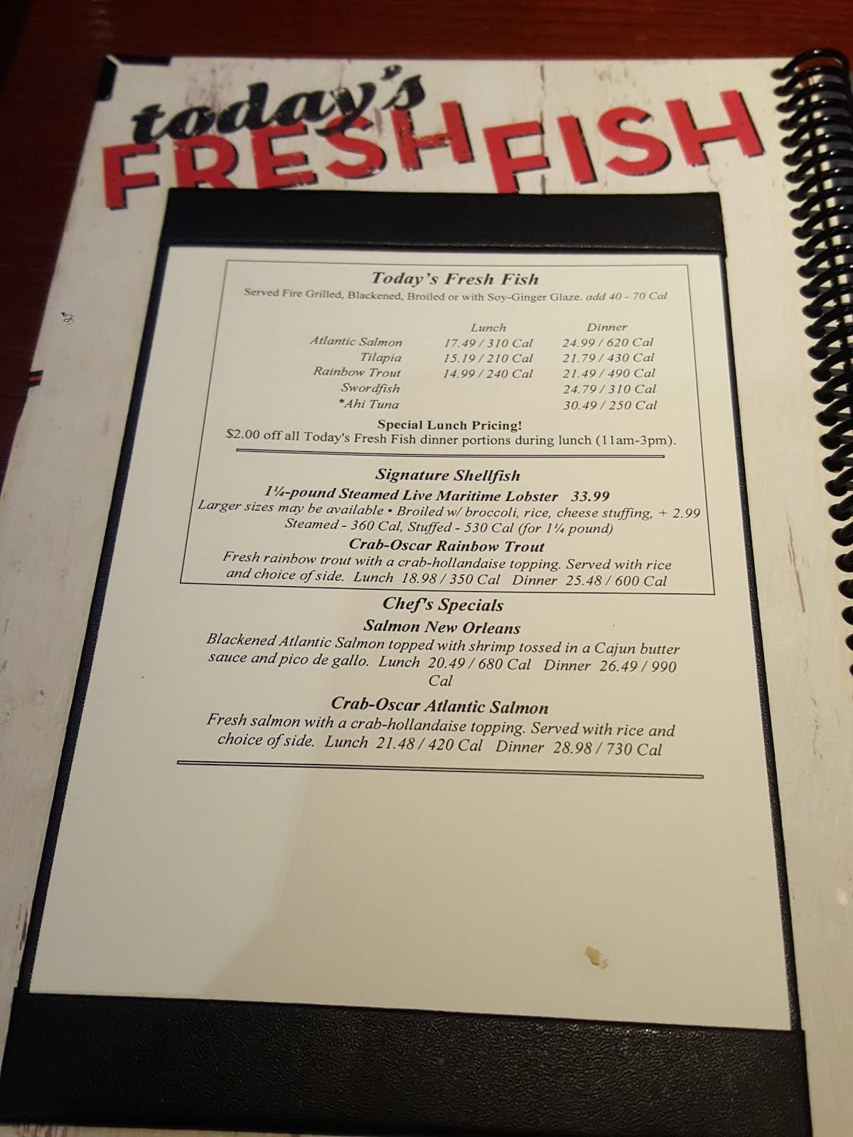 Menu at Red Lobster restaurant, Calgary, Macleod Trail SW