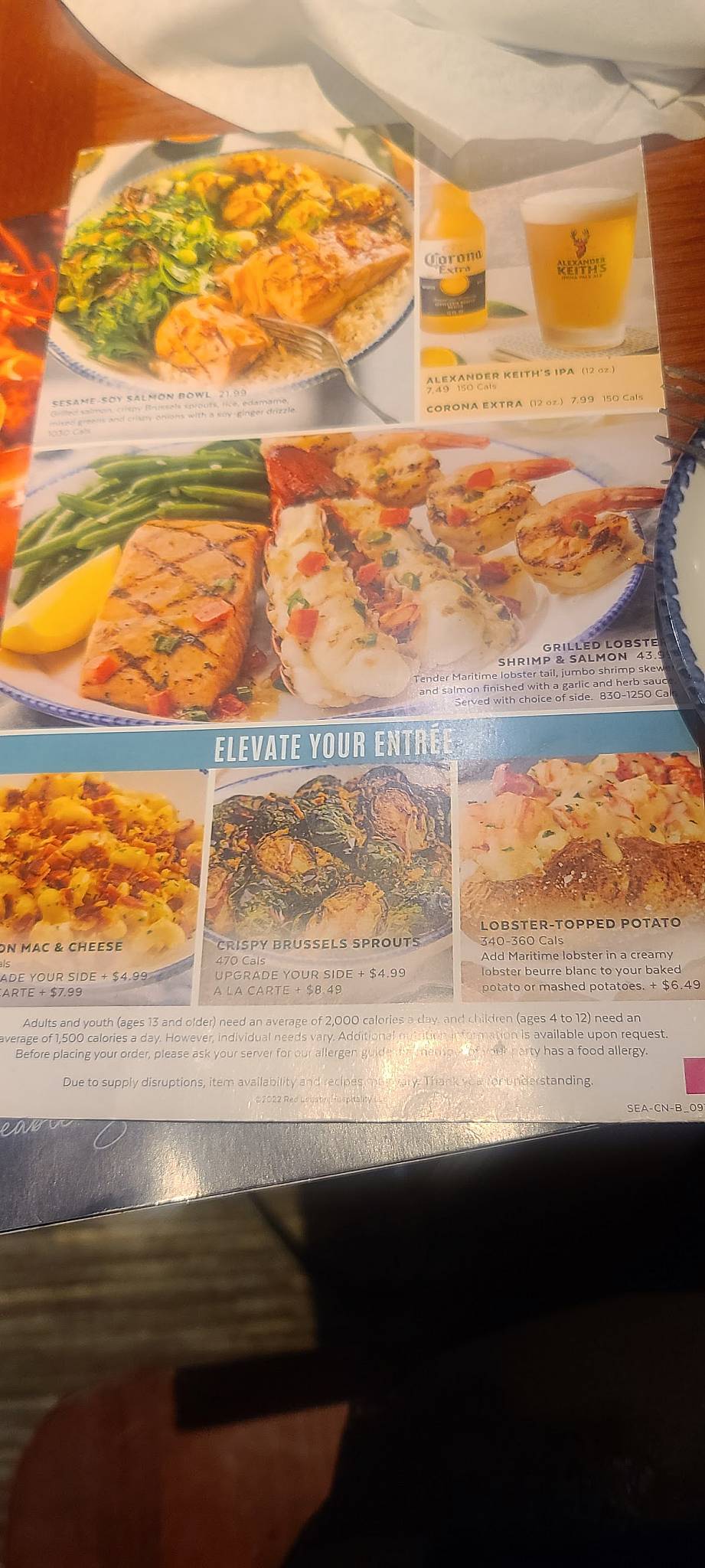 Menu at Red Lobster restaurant, Calgary, Macleod Trail SW